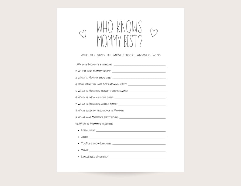 Who Knows Mommy Most? Baby Shower Game (PDF Download, 5x7 or 8.5x11 ...