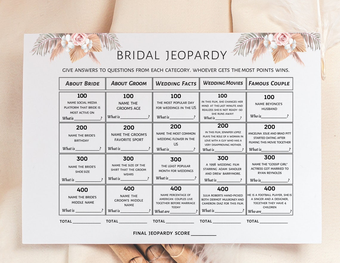 Bridal Jeopardy Game: Boho Floral Bridal Shower Quiz (PDF) - Etsy