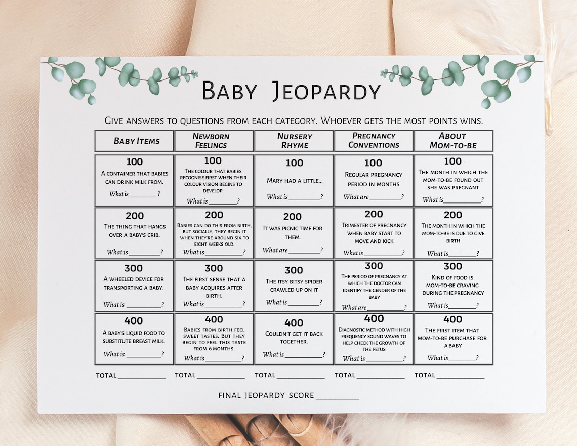 Baby Jeopardy Game, Baby Shower Games Printable, Greenery Baby Shower ...