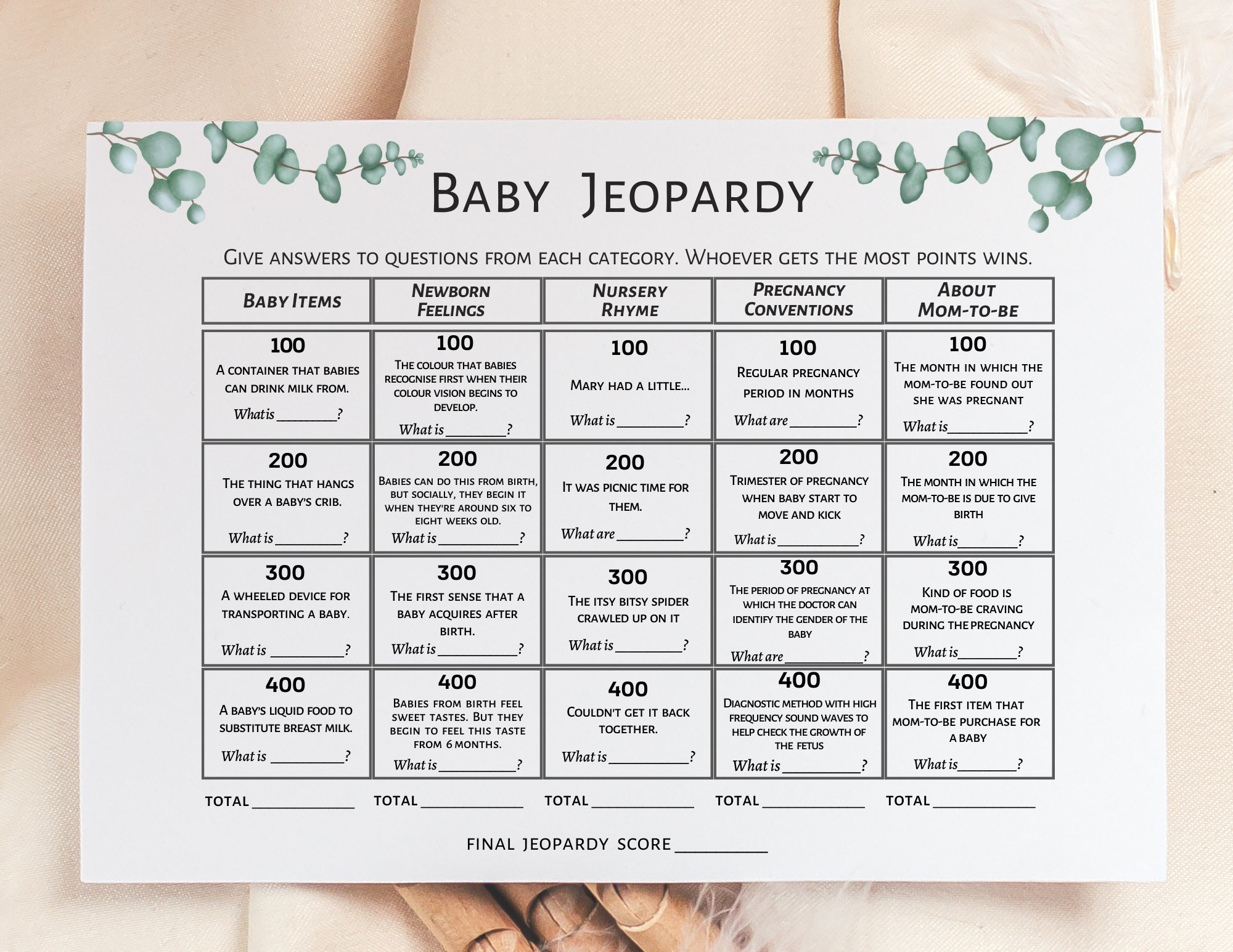 Greenery Baby Jeopardy Game: Printable Baby Shower Quiz (digital ...
