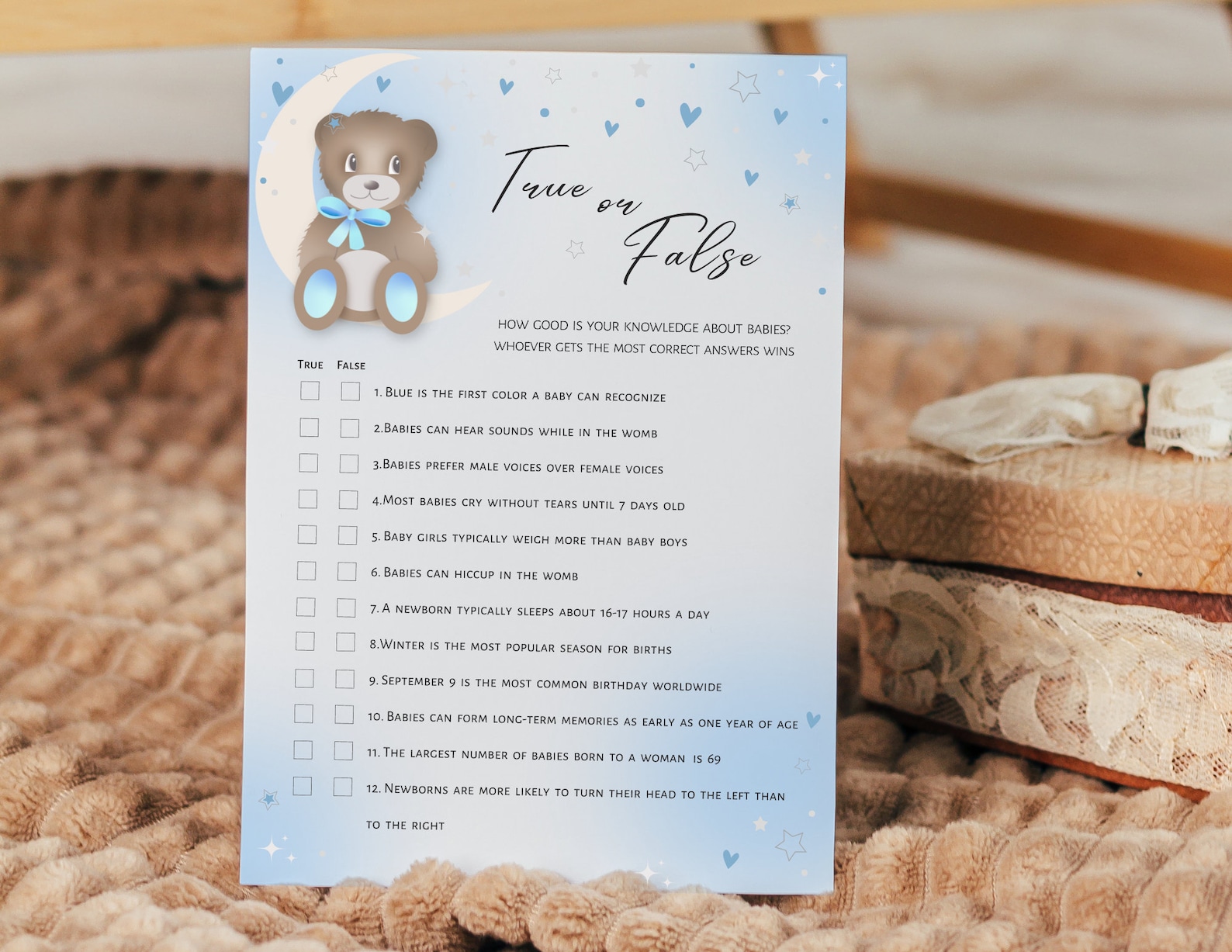 True or False Baby Shower Game Bear, Baby Shower Game Blue, Moon and ...