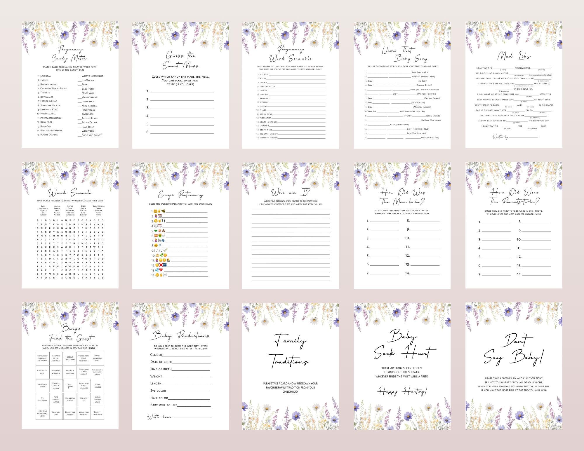 Baby Shower Games Wildflowers Printable, Bundle 30 Games, Boy, Girl ...