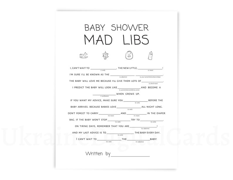 Mad Libs, Baby Shower Game, Advice for Parents to Be, Simple Black ...