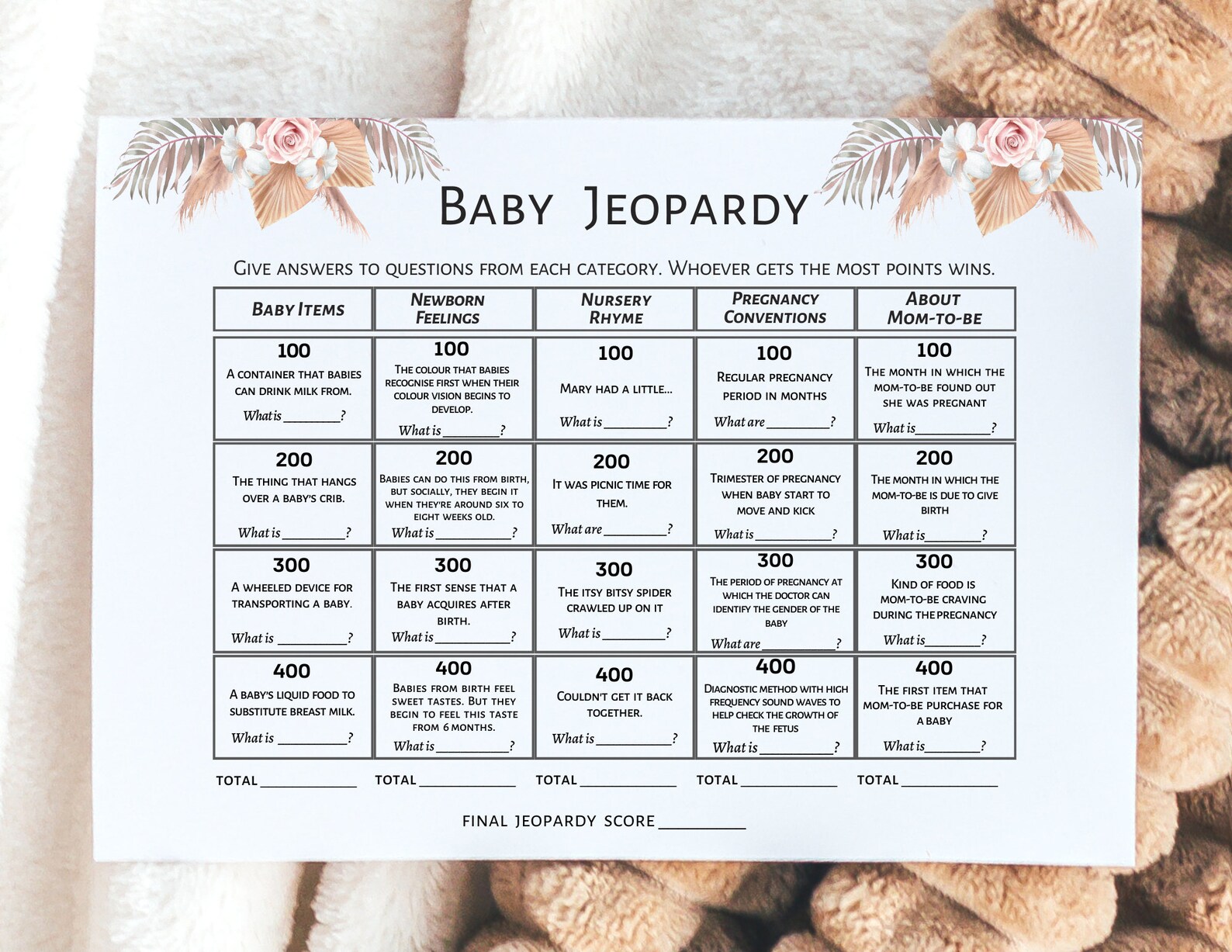 Boho Baby Shower Jeopardy Game: Gender Neutral Floral Quiz (digital ...