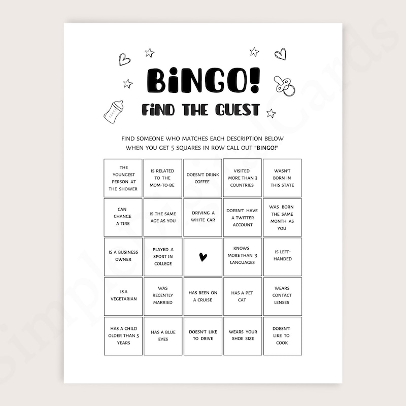 Find the Guest Baby Shower Bingo - Etsy