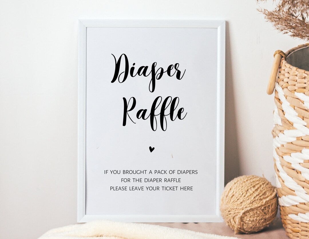 Diaper Raffle Sign With Tickets, Baby Shower Game, Black White Simple ...