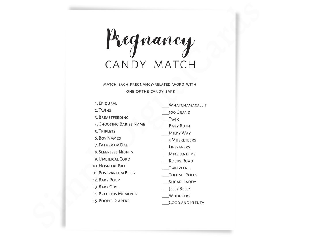 Pregnancy Candy Match, Baby Shower Game, Guess Candy Game, Black White ...