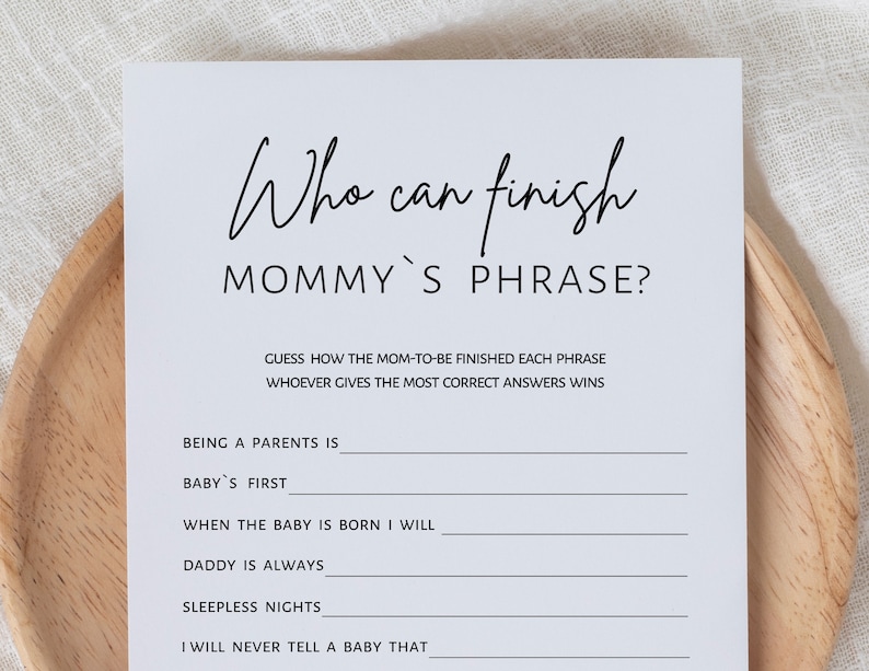 Who Can Finish Mommy's Phrase, Baby Shower Games, Minimalist Printable ...