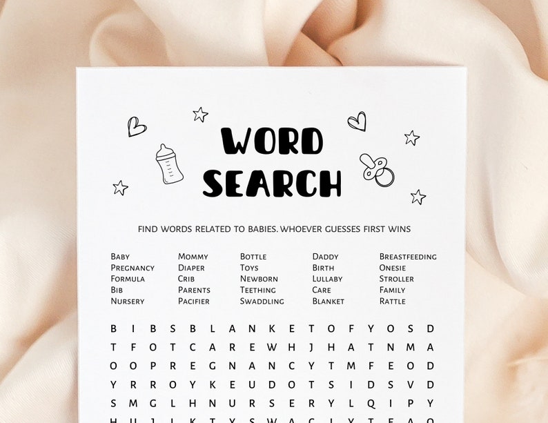Baby Shower Game Word Search, Minimalist Black White Printable Game ...