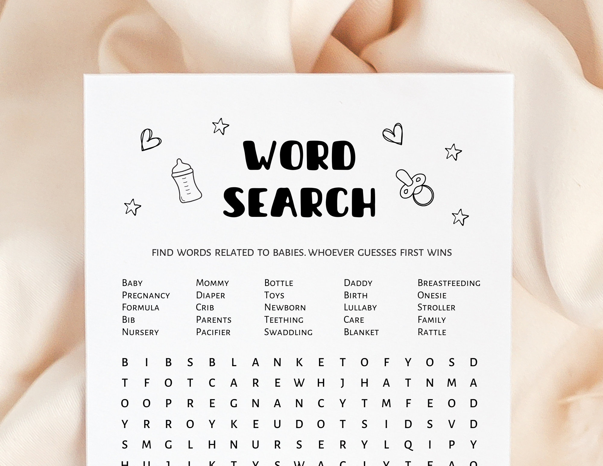 Baby Shower Game Word Search, Minimalist Black White Printable Game ...