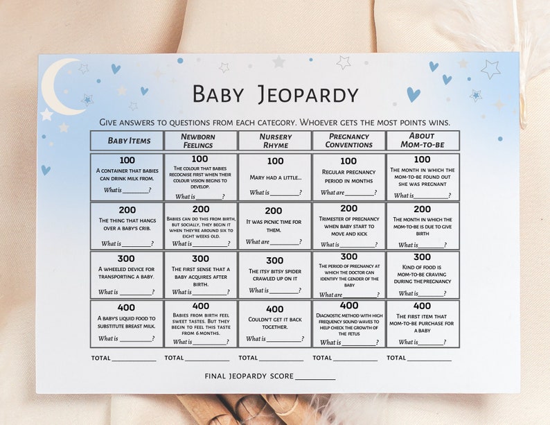 Baby Jeopardy Baby Shower Game Boy, Baby Shower Blue, Moon and Stars ...