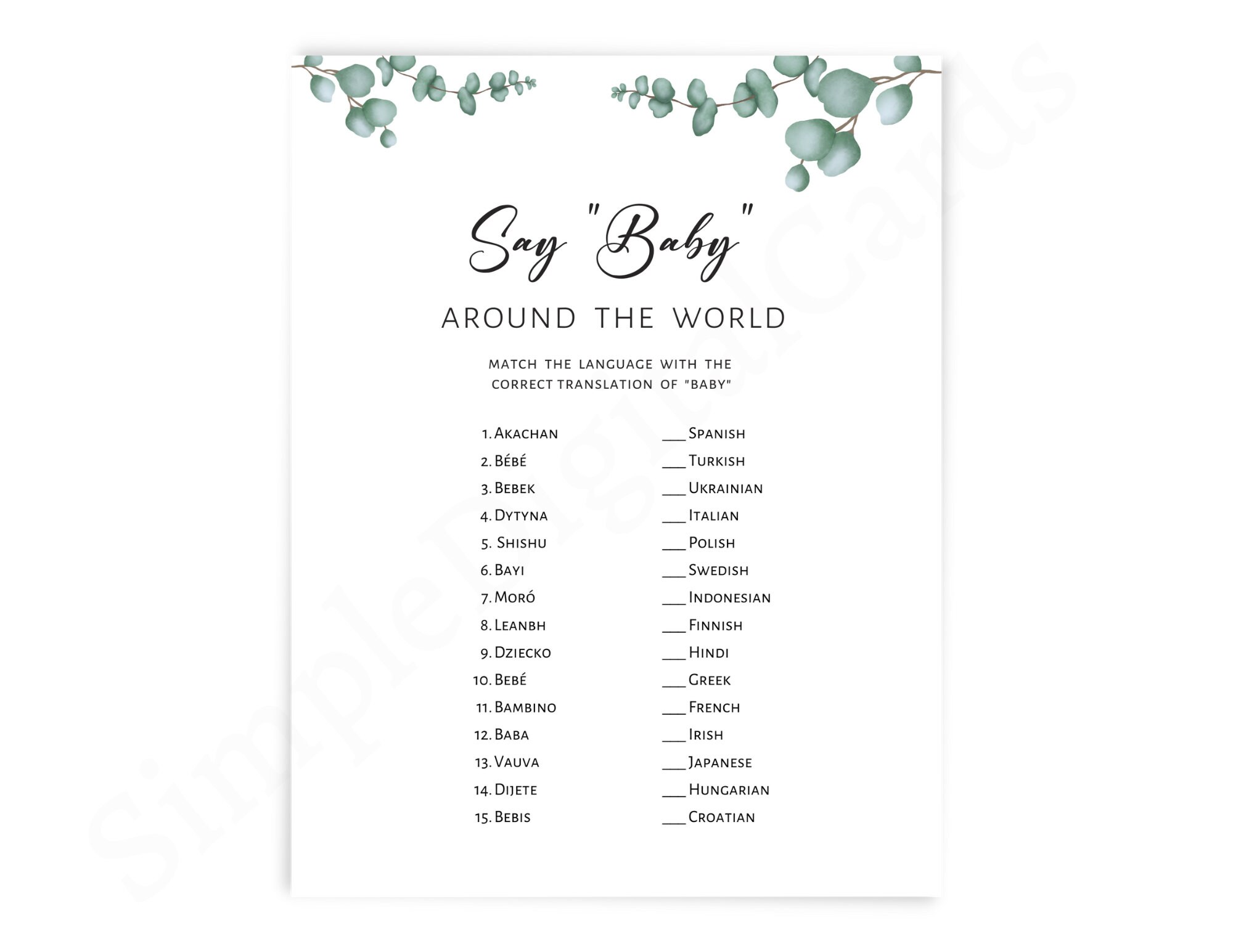 Say Baby Around the World Baby Shower Game Greenery, Game Eucalyptus ...