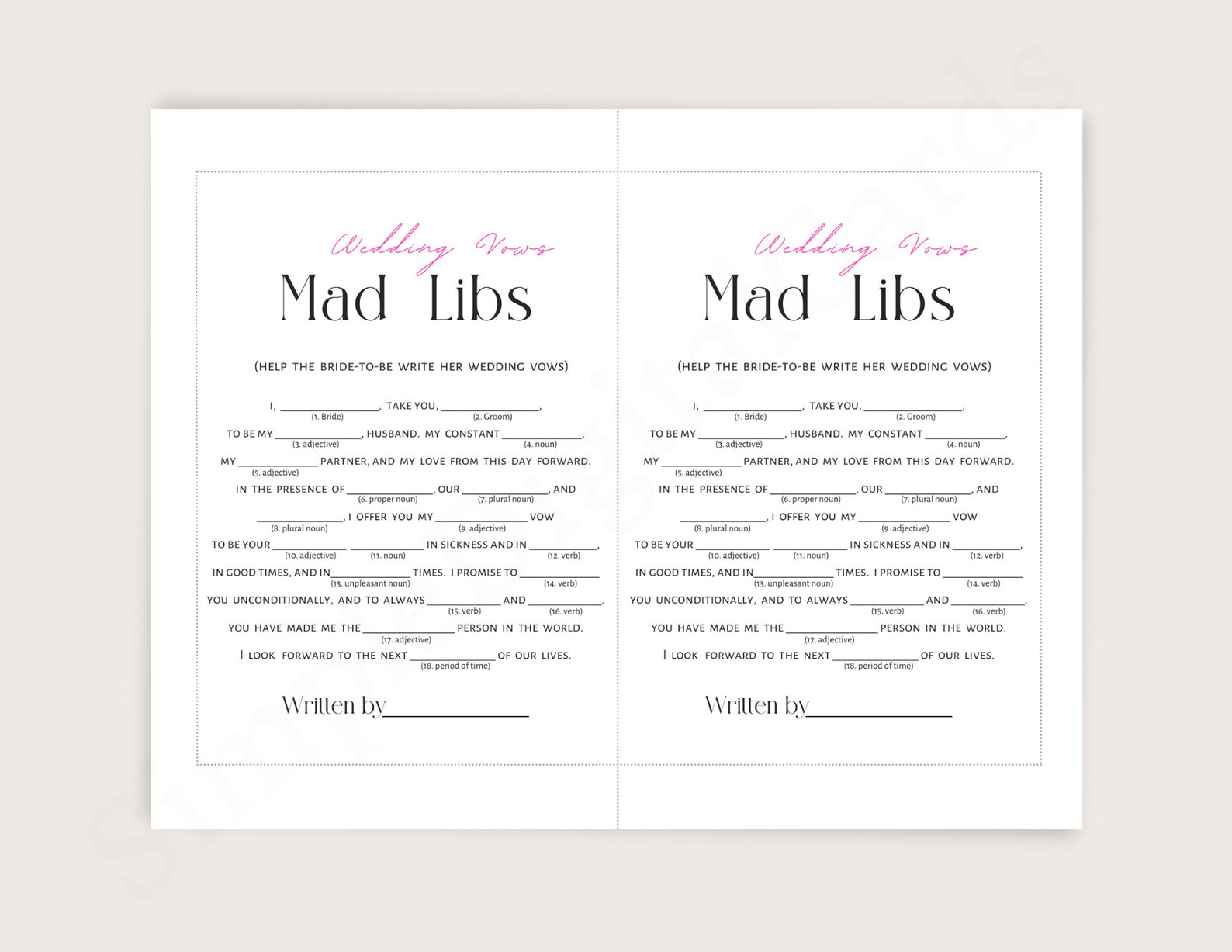 Mad Libs Wedding Vows Bridal Shower Game Pink and Black, Digital ...