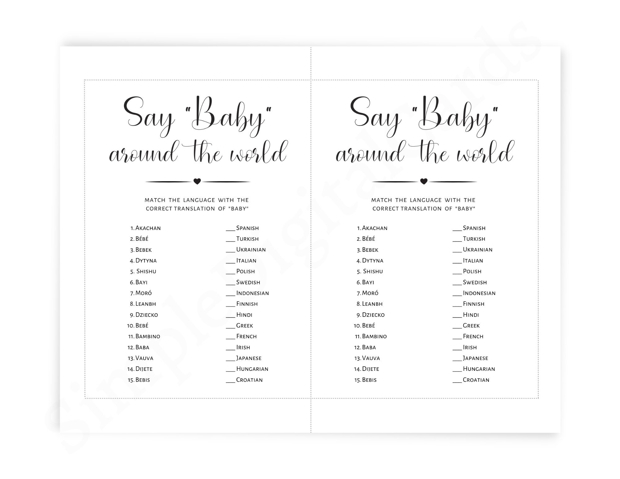 Say Baby Around the World, Baby Shower Game Minimalist, Guess Language ...