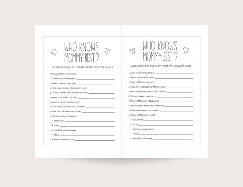 Who Knows Mommy Most? Baby Shower Game (PDF Download, 5x7 or 8.5x11 ...