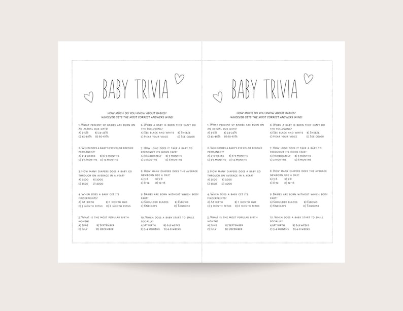 Baby Trivia, Baby Shower Game Printable, Digital Download - Etsy