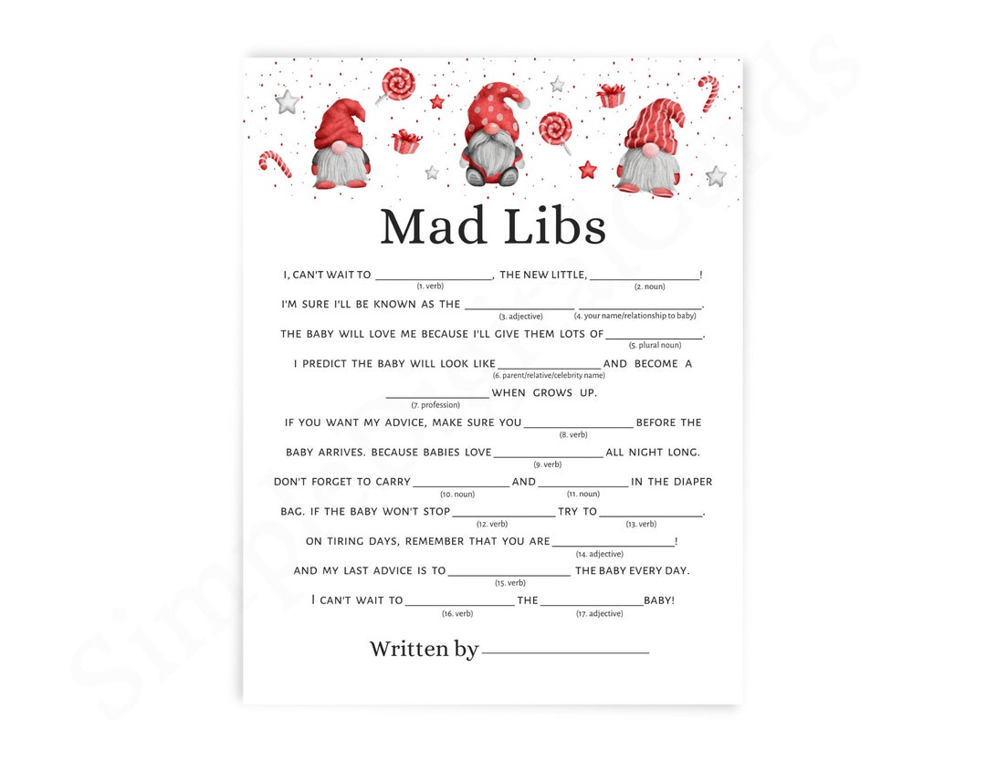 Mad Libs With Instructions Baby Shower Game Red, Baby Shower Gnome ...