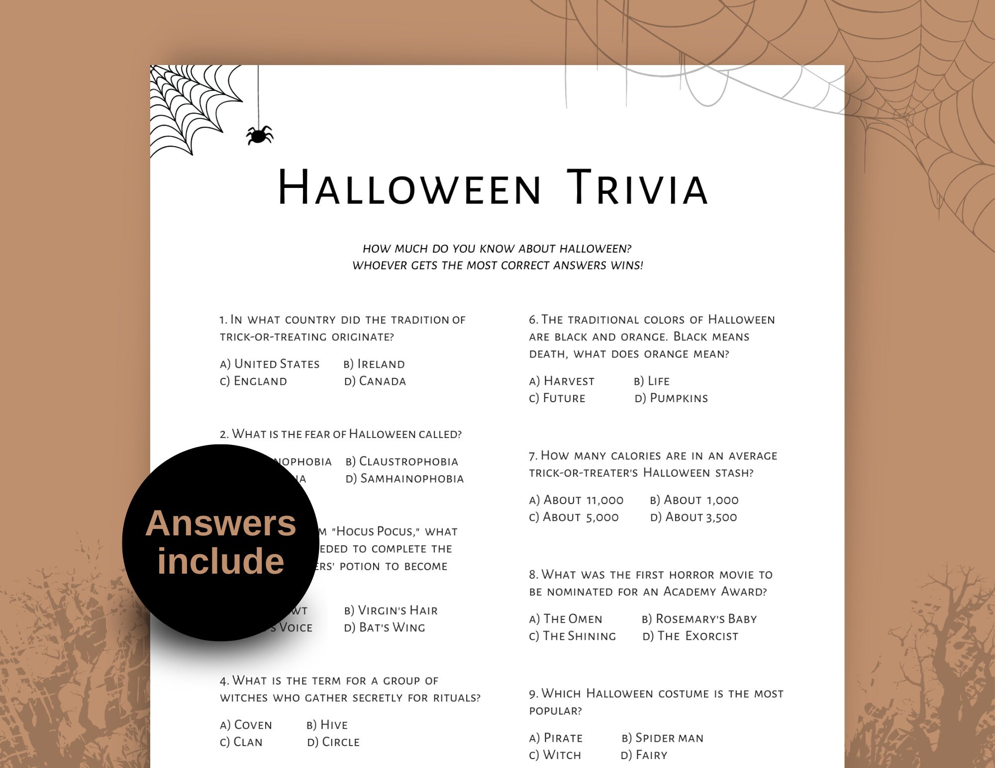Halloween Trivia Game Printable, Halloween Game for Kids and Adult ...
