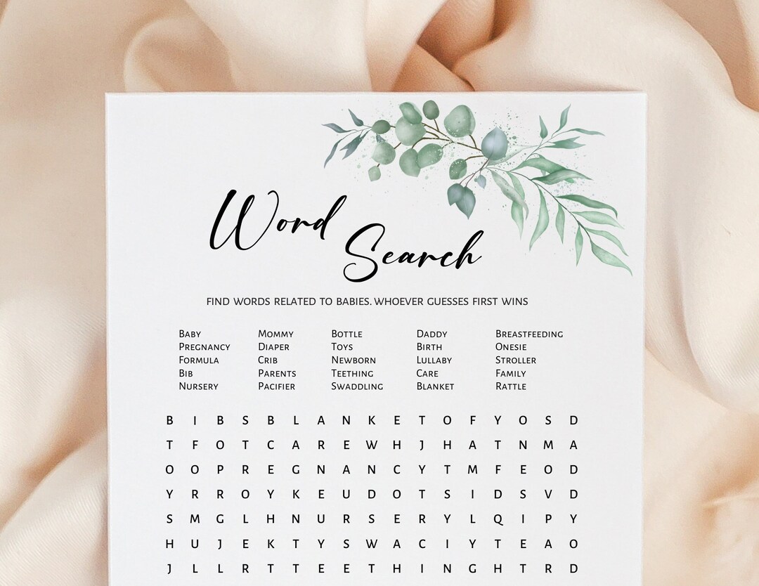 Word Search Baby Shower Game Greenery, Eucalyptus Game Boy, Girl ...
