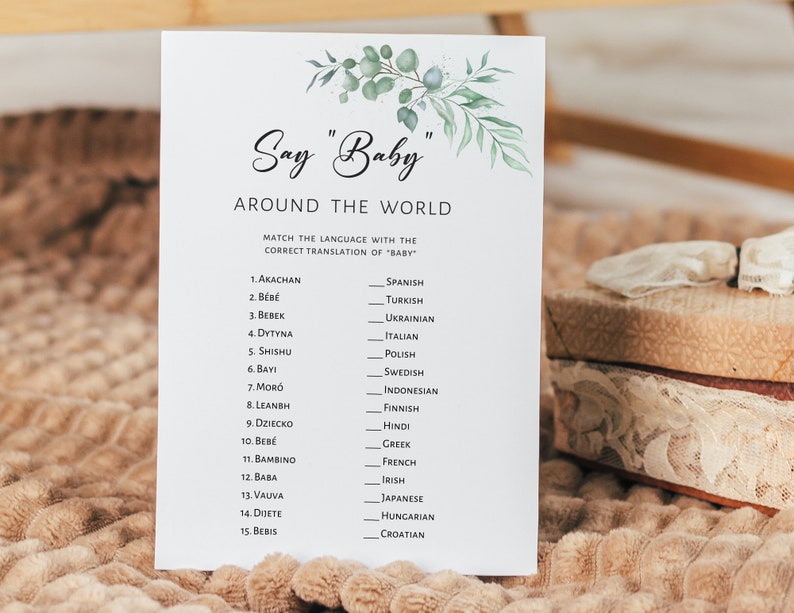 Say Baby Around the World Baby Shower Game Greenery, Baby Shower Game ...