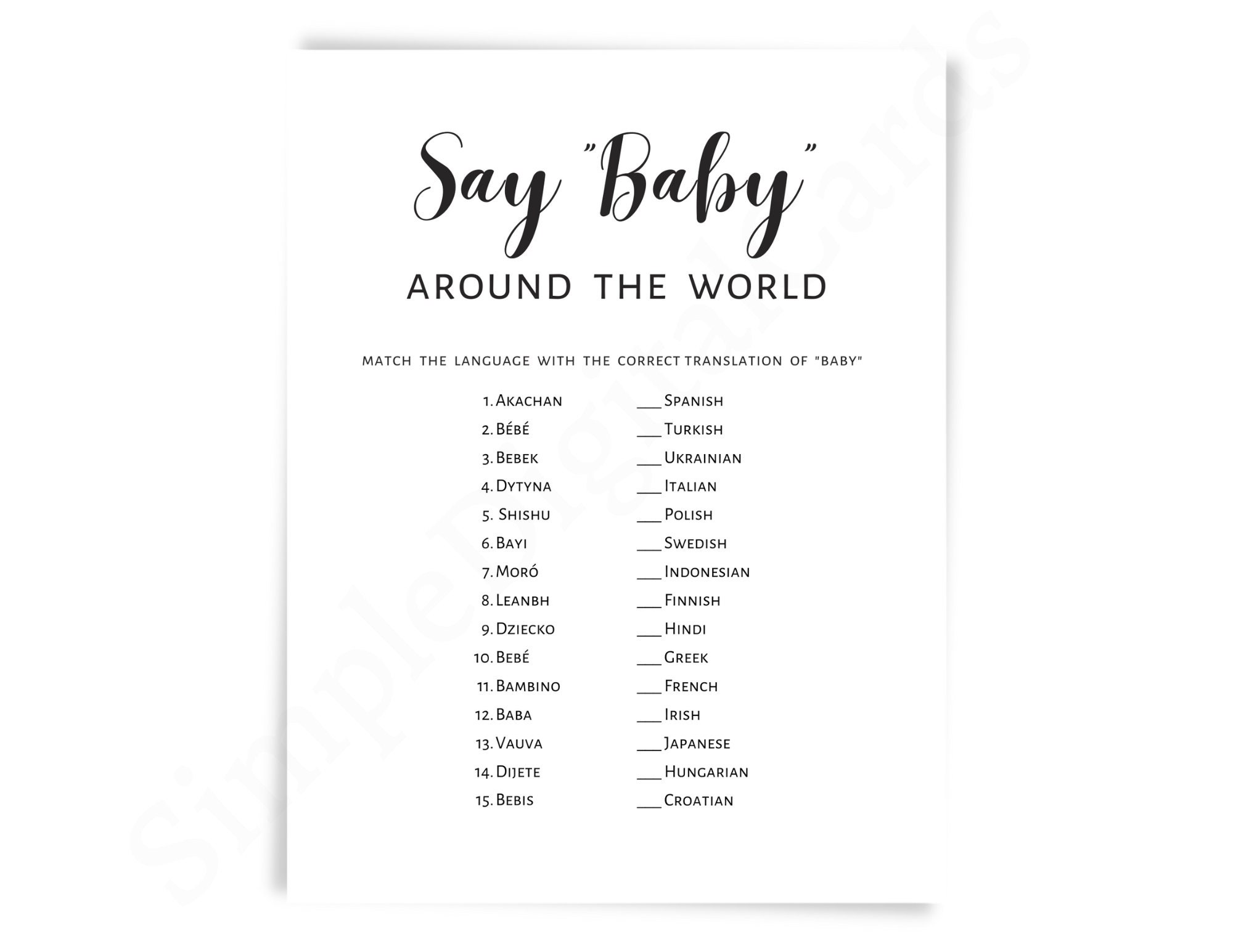 Game Say Baby Around Around the World, Baby Shower Game, Guess Language ...