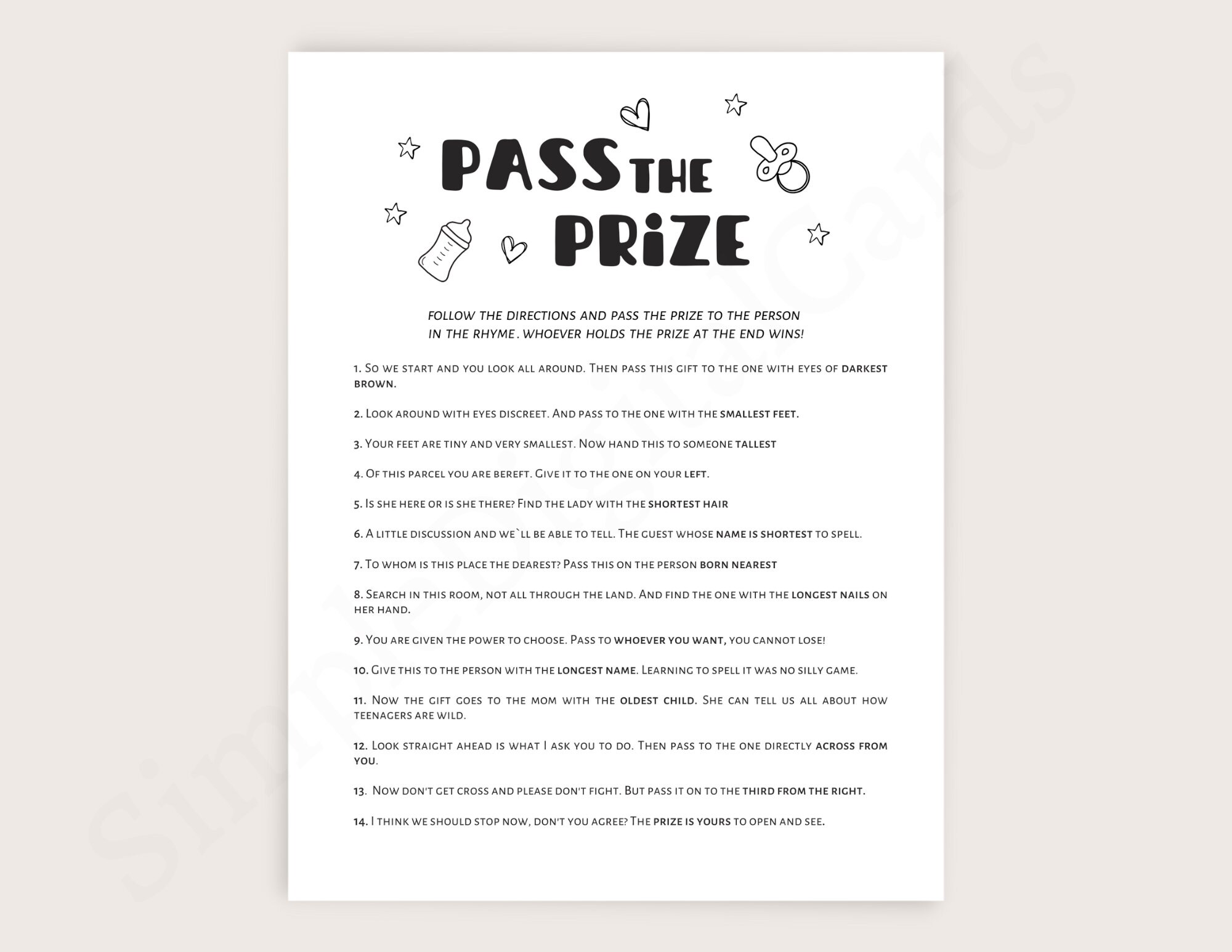 Pass the Prize Baby Shower Game Minimalist, Pass the Poem Game, Gender ...