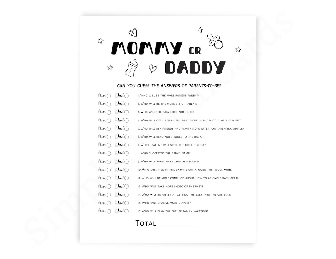 Mommy or Daddy Baby Shower Game Printable, Couple Baby Shower, Gender ...