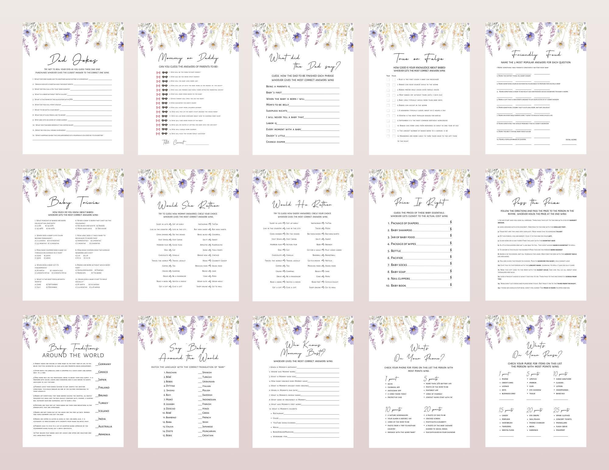 Baby Shower Games Wildflowers Printable, Bundle 30 Games, Boy, Girl ...