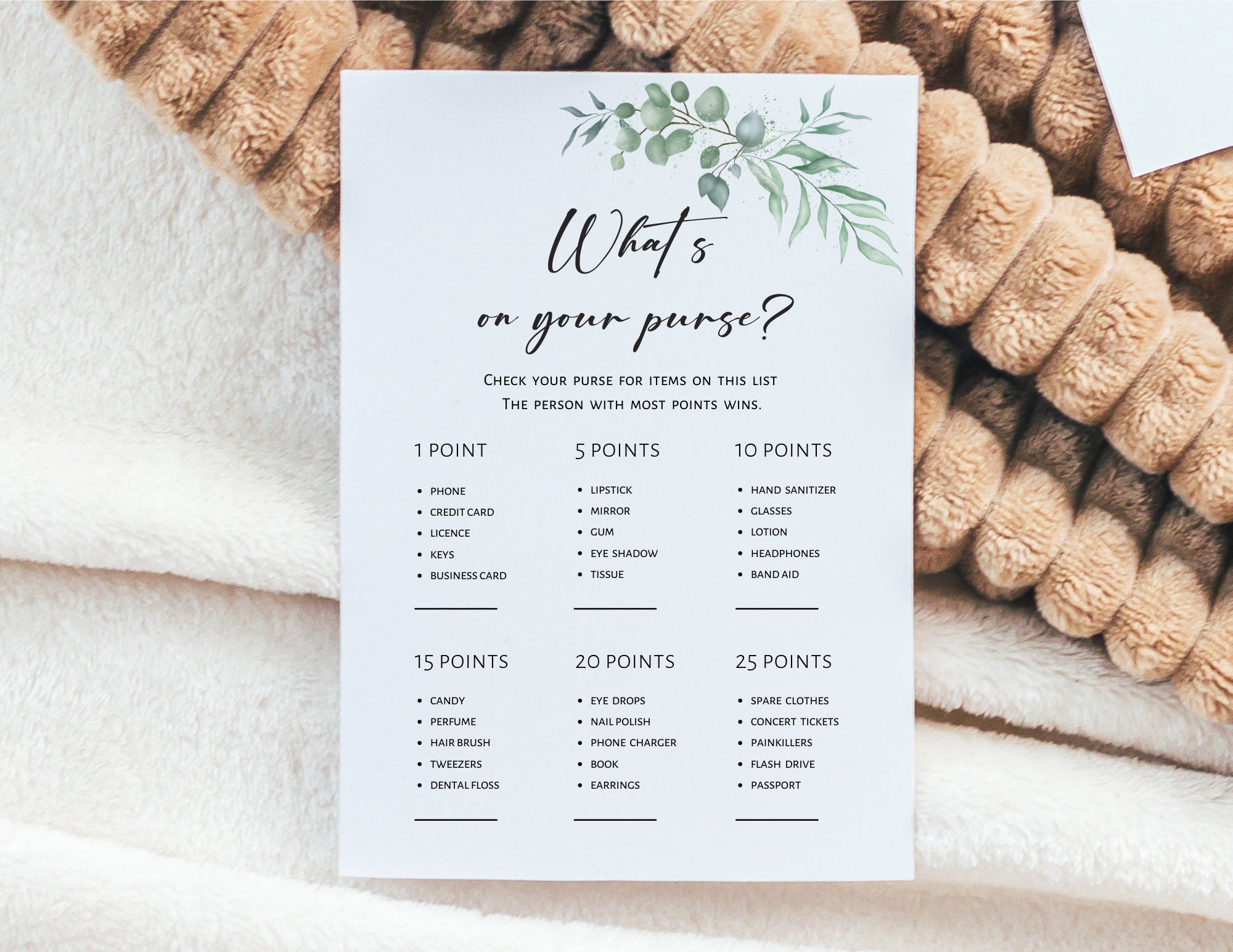 What's on Purse Baby Shower Game Greenery, Baby Shower Game Girl, Boy ...