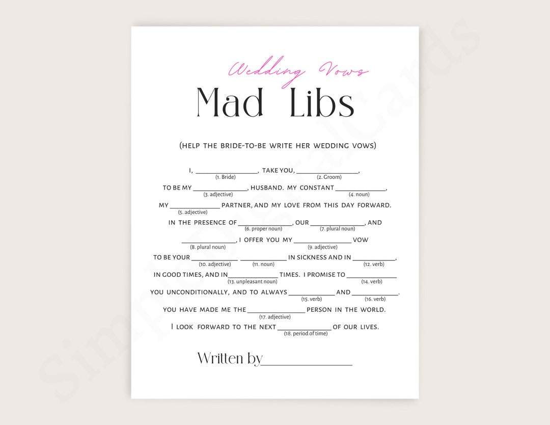 Mad Libs Wedding Vows Bridal Shower Game Pink and Black, Digital ...