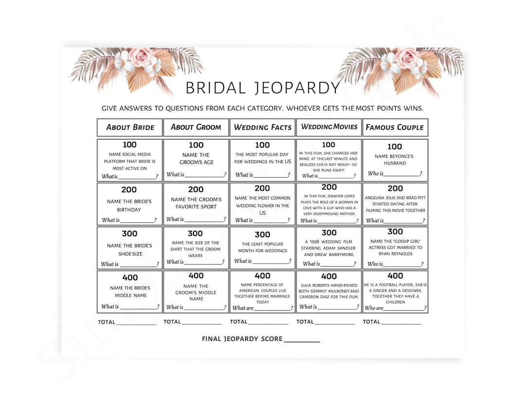 Bridal Jeopardy, Bridal Shower Game Boho, Bridal Shower Quiz, Floral ...