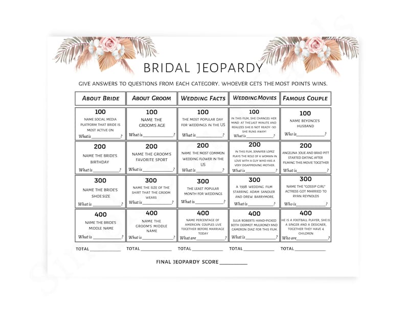 Bridal Jeopardy, Bridal Shower Game Boho, Bridal Shower Quiz, Floral ...