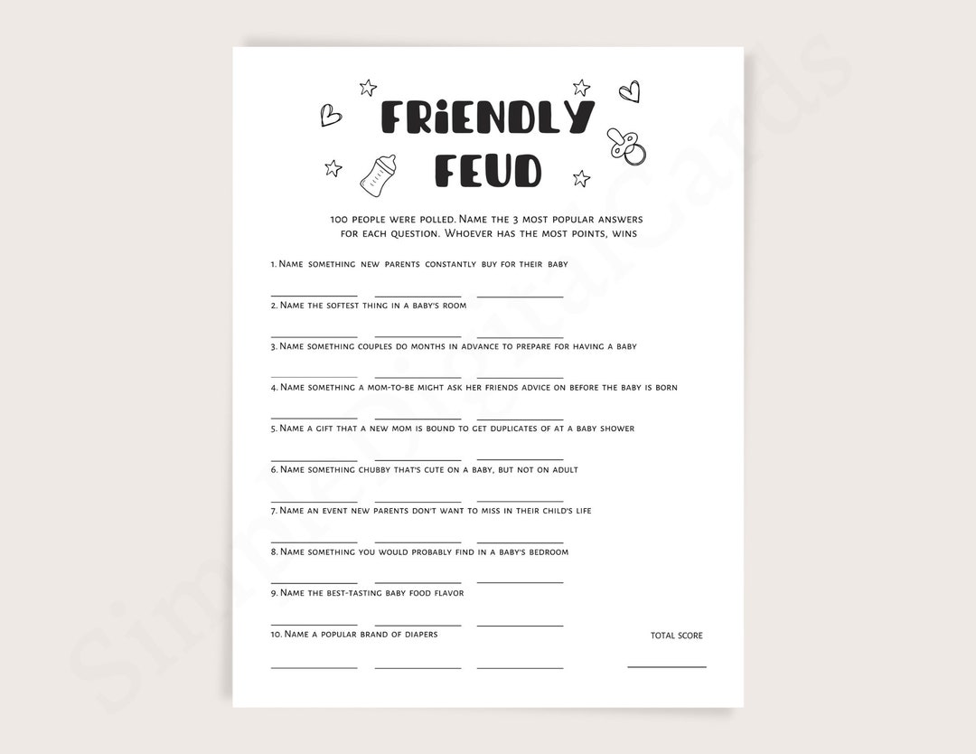 Friendly Feud Baby Shower Game Minimalist, Game Printable Boy, Girl ...