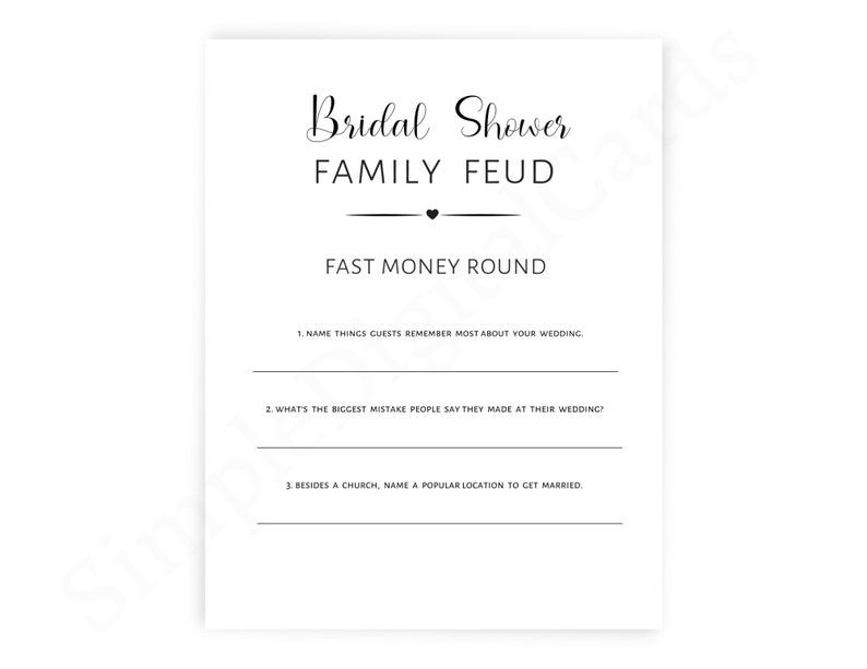 Bridal Shower Family Feud With Fast Money Round, Bridal Shower Game ...