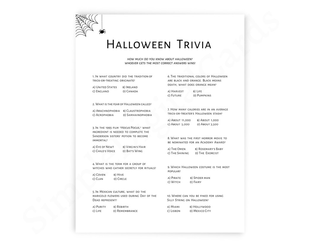 Halloween Trivia Game Printable Halloween Game for Kids and - Etsy