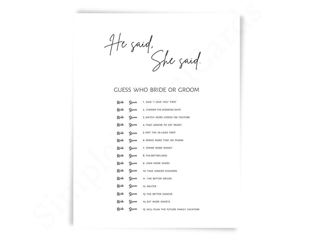 He Said She Said, Bridal Shower Game, Guess Who Bride or Groom, Black ...