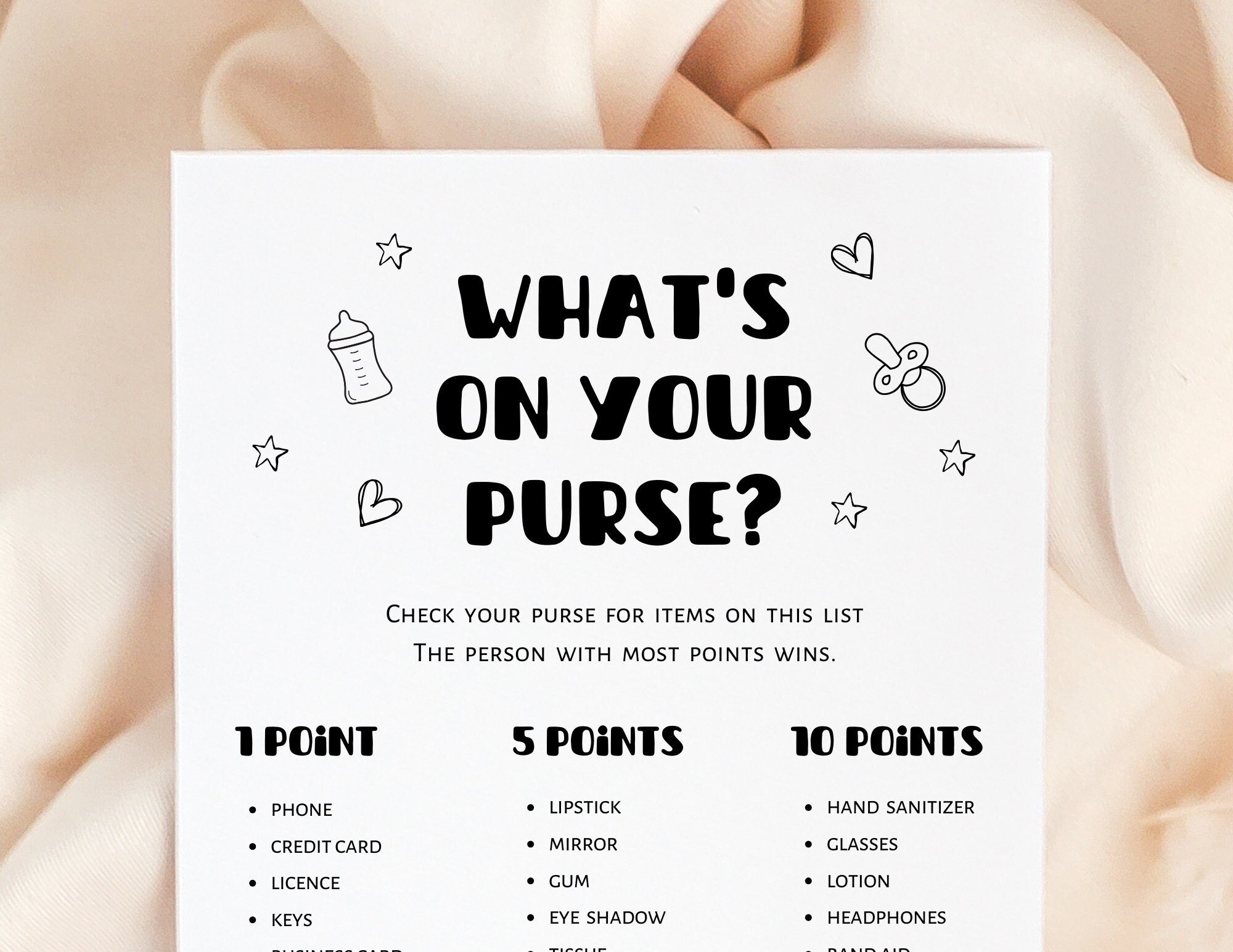Baby Shower Game What's on Your Purse, Minimalist Printable Game ...