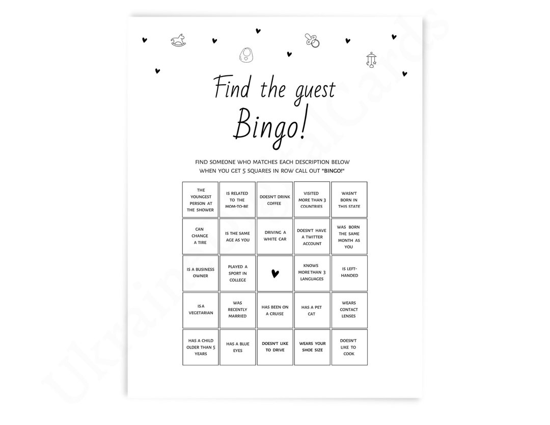 Find the Guest Bingo, Baby Shower Game, Find Someone Who Game, Black ...