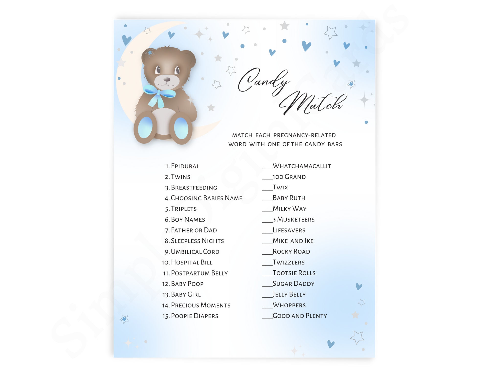 Game Candy Match, Baby Shower Game Boy, Baby Shower Bear, Blue, Moon and Stars, Games Printable ...