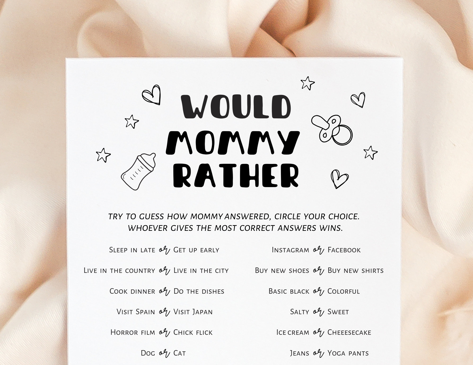 Would Mommy Rather Baby Shower Game Minimalist, Black White Game, Would ...