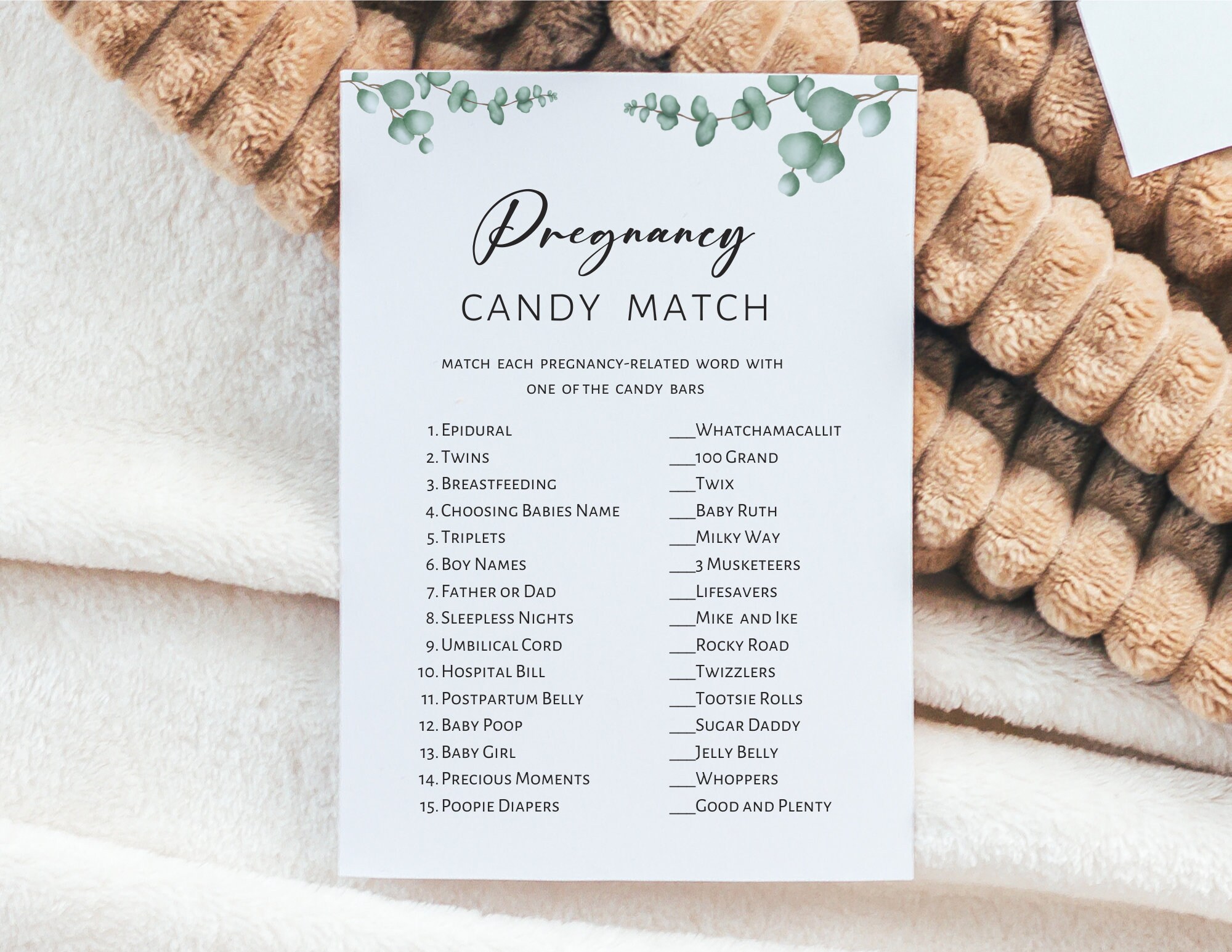 Pregnancy Candy Match, Baby Shower Game Greenery, Boy, Girl Gender ...
