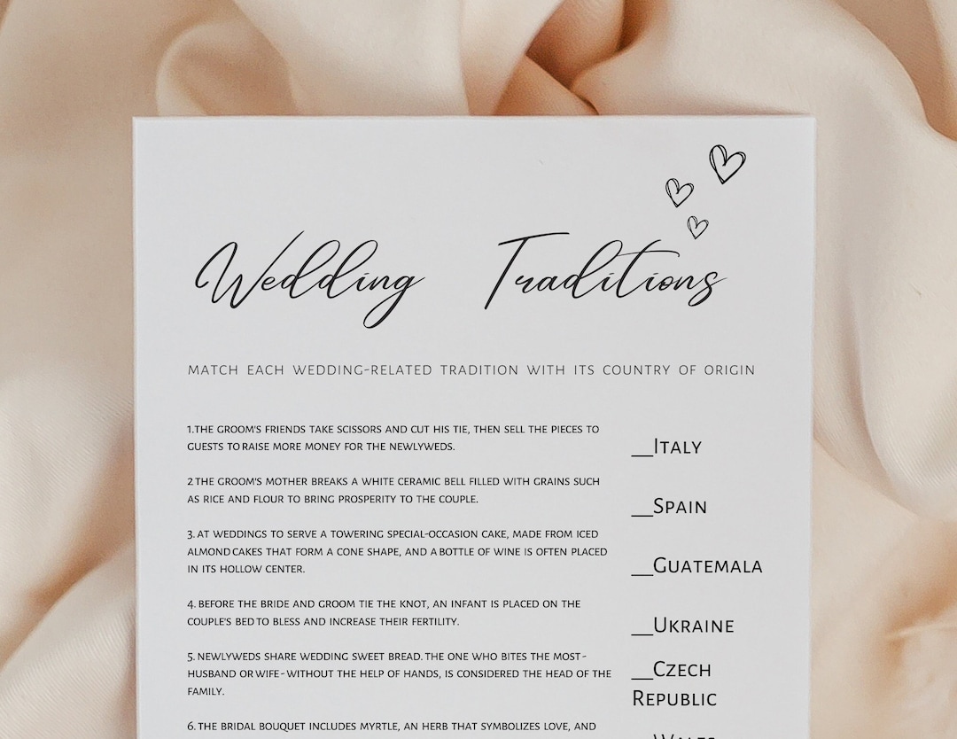 Wedding Traditions Around the World Bridal Shower Game, Black White ...