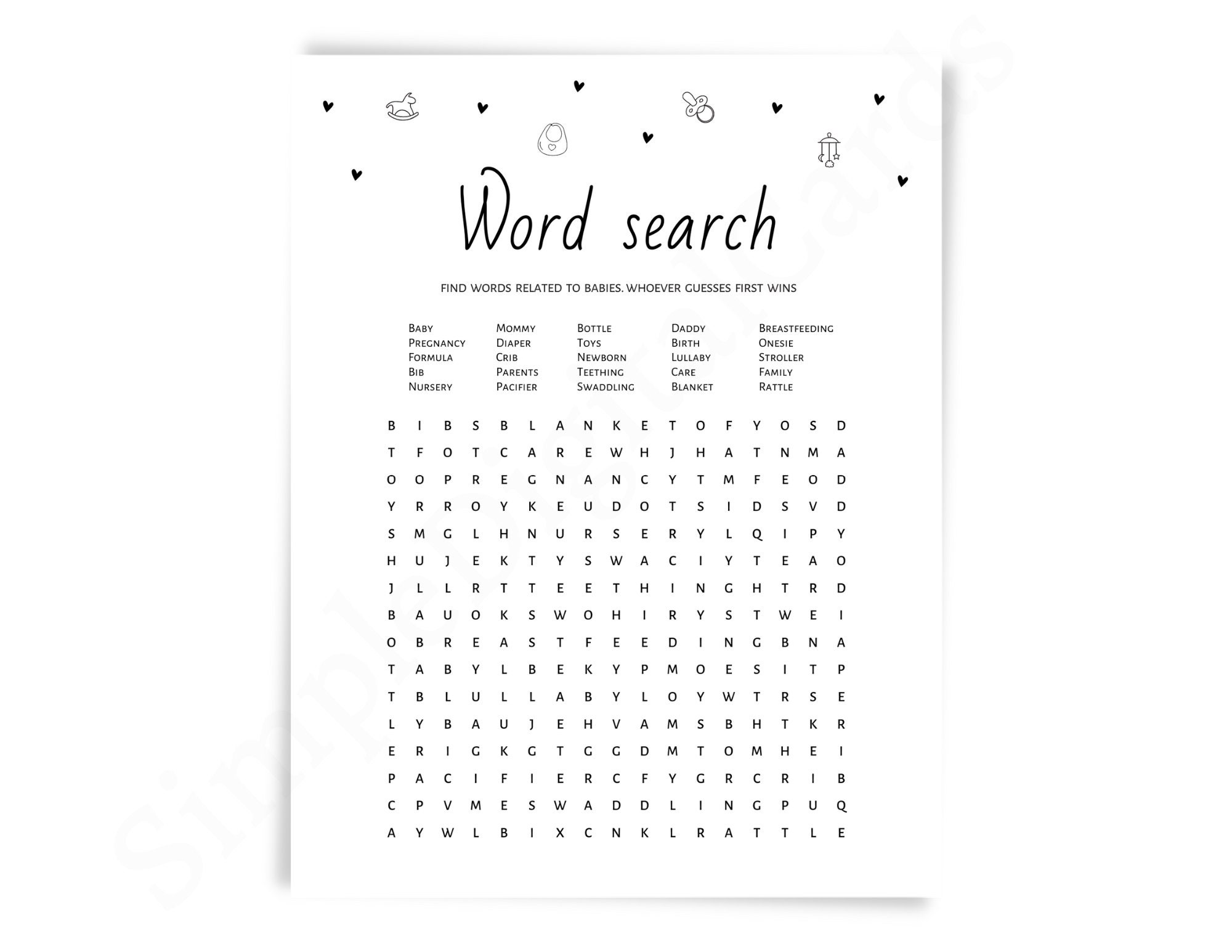 Word Search Baby Shower Game, Find Word Game, Black White, Boy, Girl ...