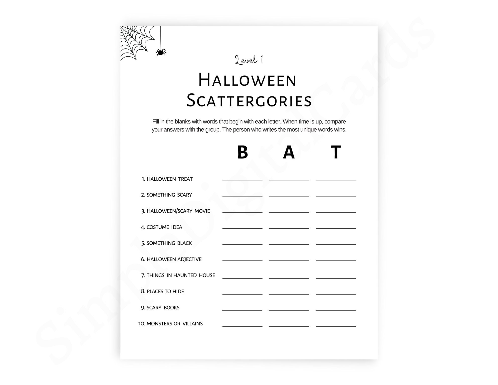 Halloween Scattergories Game Printable, Halloween Game for Kids and ...