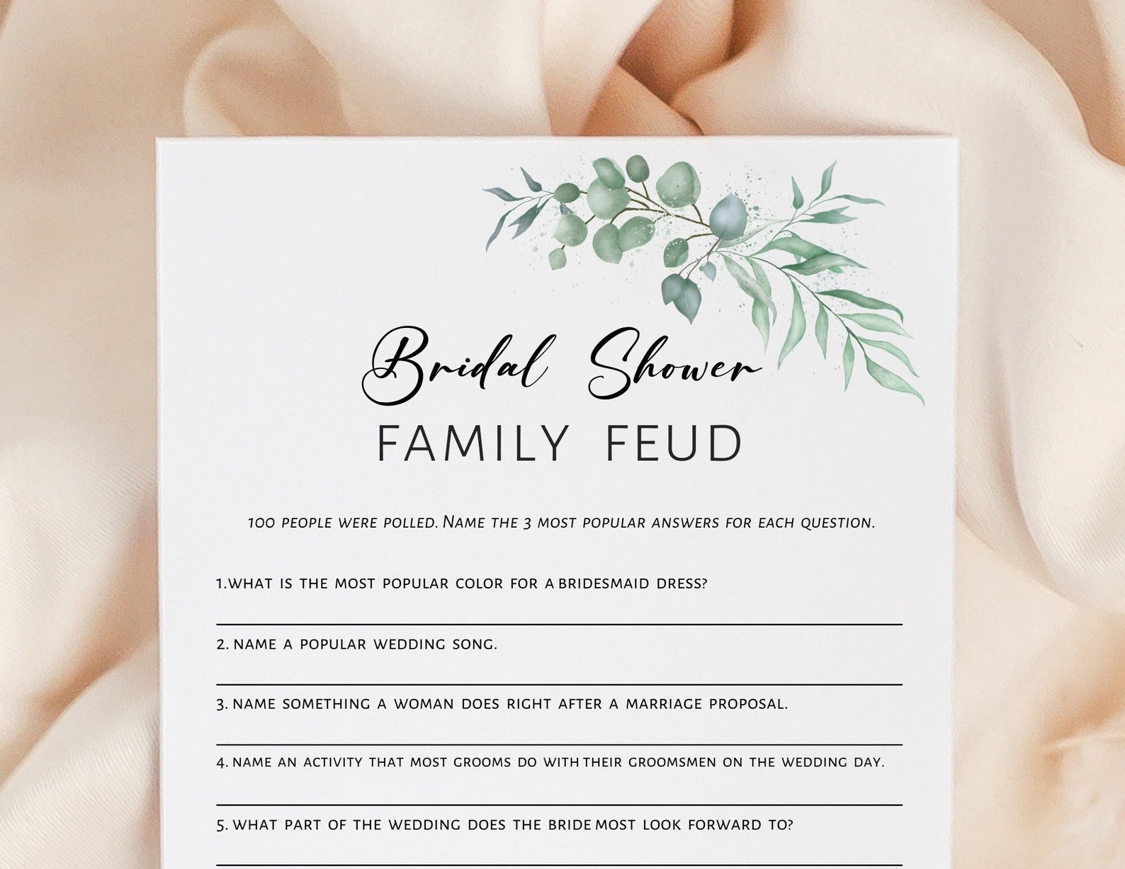 Bridal Family Feud, Bridal Shower Game Greenery, With Fast Money Round ...