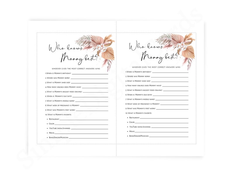 Quién conoce mejor a mamá, juego de baby shower boho, floral, niño ...
