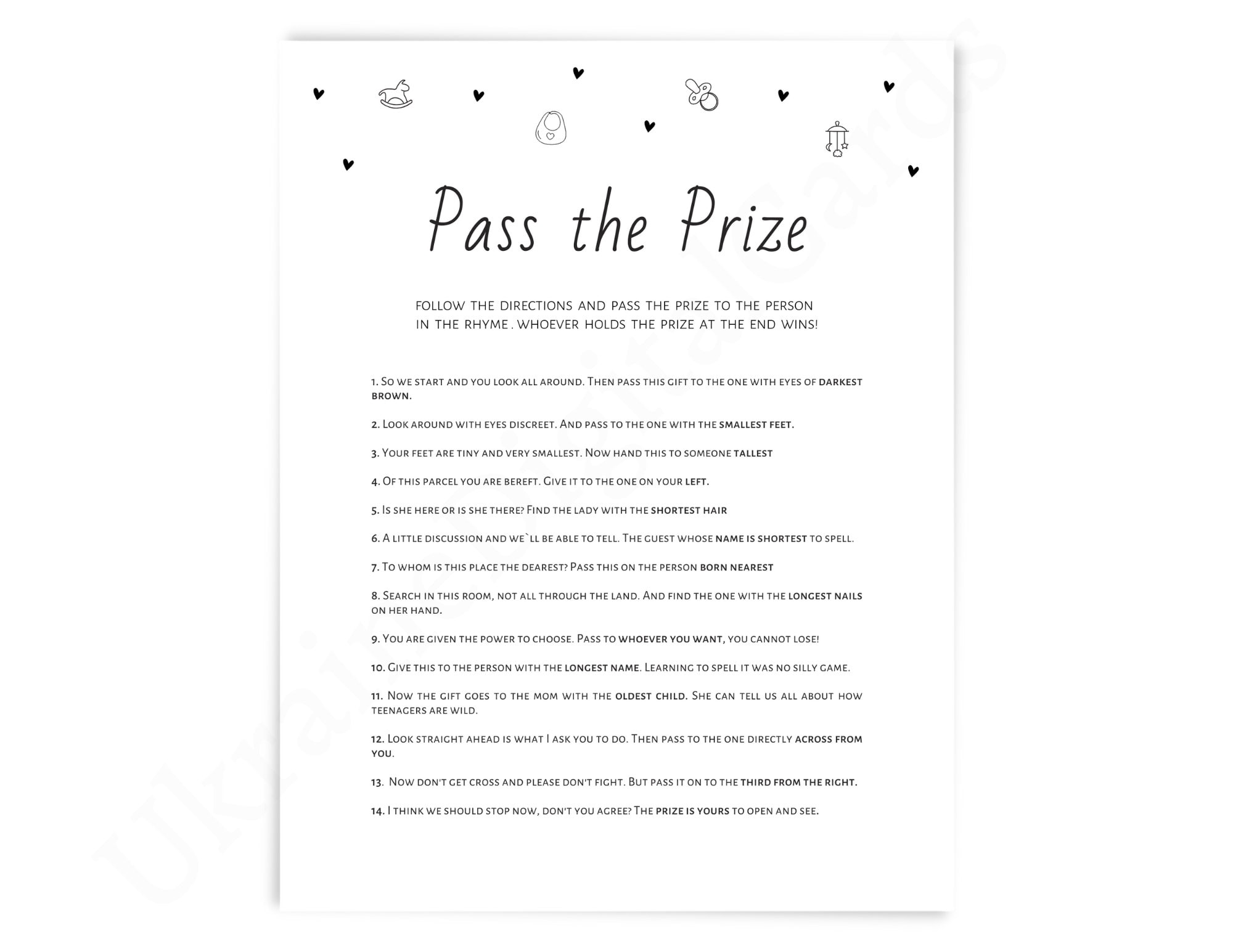 Pass the Prize, Baby Shower Game, Pass the Poem, Pass the Gift, Black ...