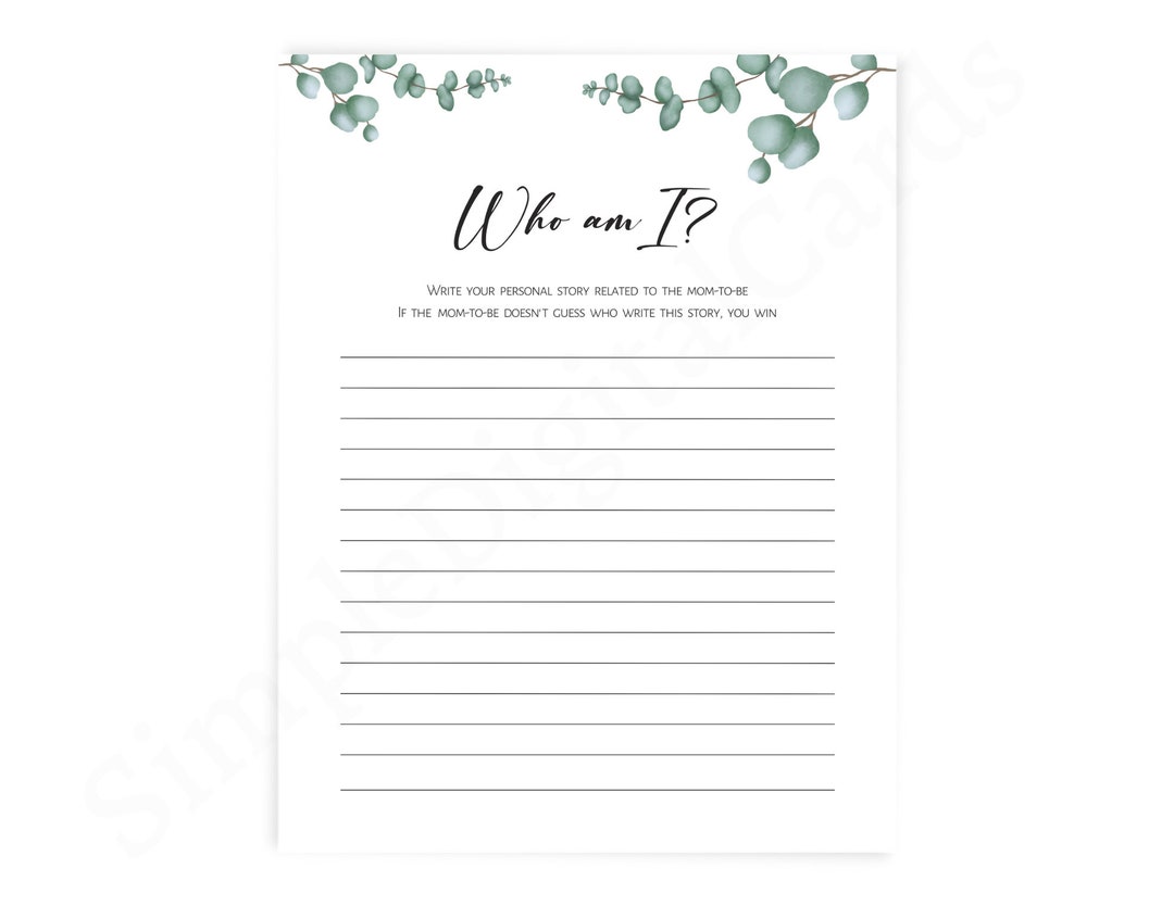 Who Am I, Baby Shower Games Greenery, Guess Who Am I, Guess Story Game ...