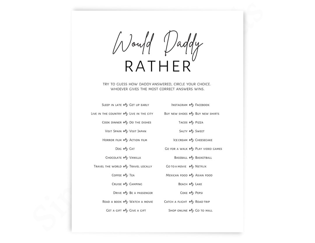 Would Daddy Rather Baby Shower Game: Minimalist Printable (digital ...