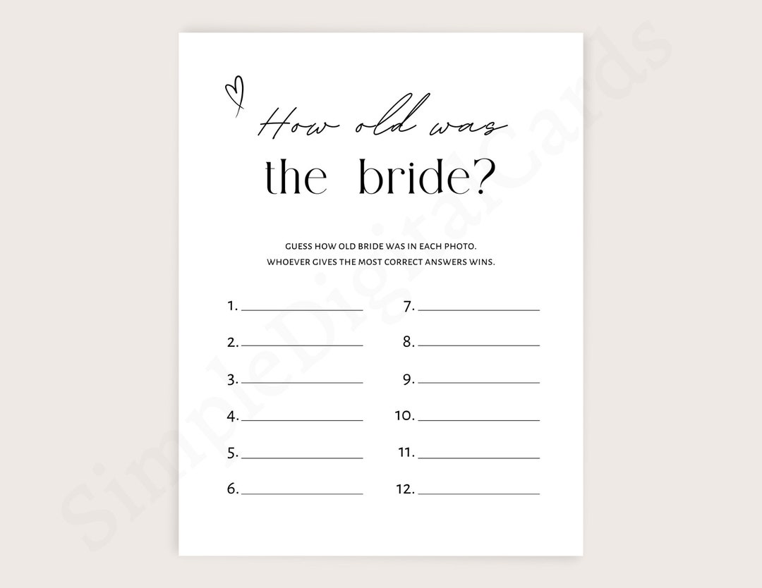 How Old Was the Bride, Bridal Shower Game Minimalist. Guess Age Game ...